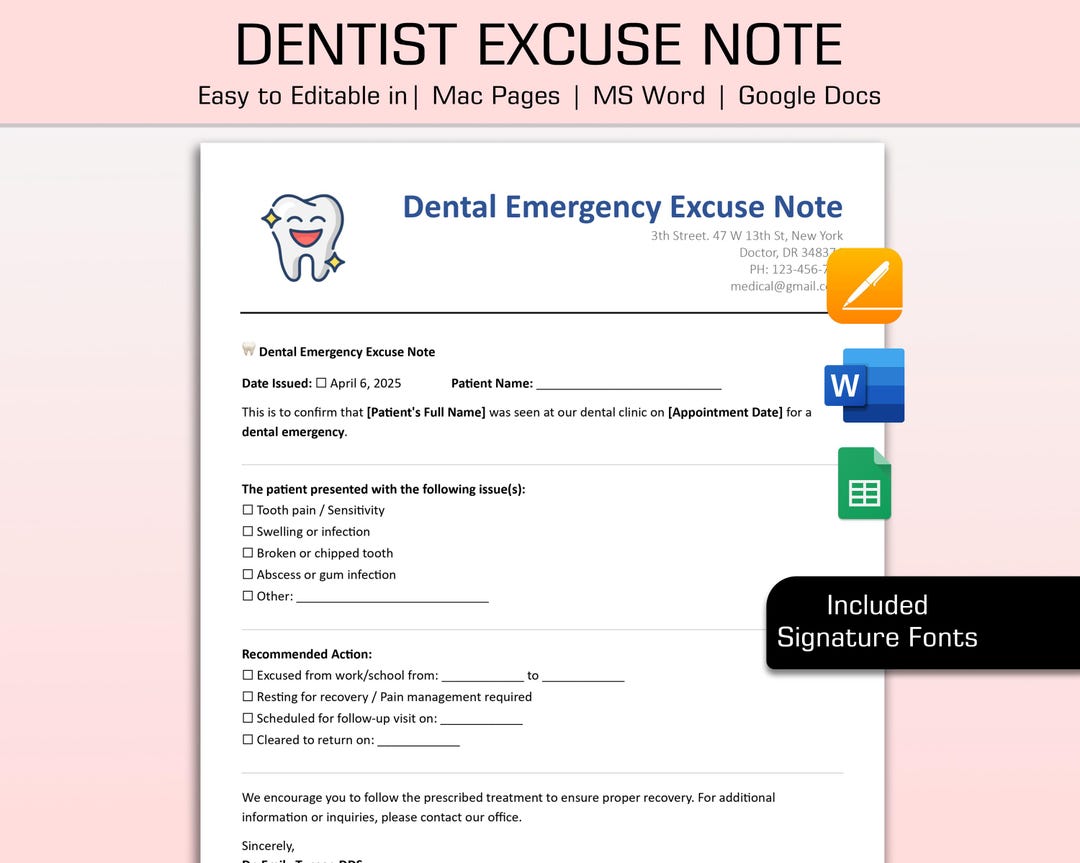 Editable Dental and Orthodontic Medical Excuse Note | Dentist Excuse ...