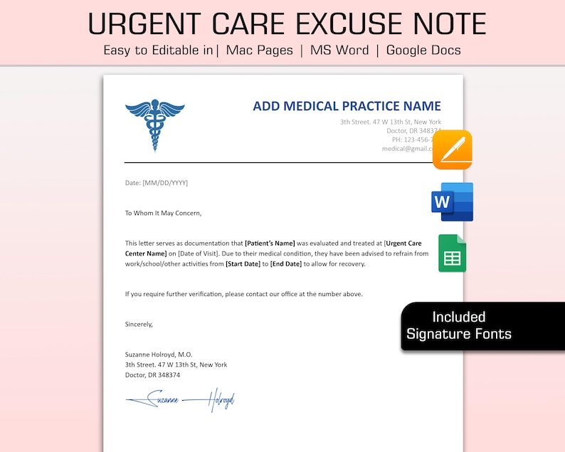 Editable Urgent Care Doctor Note for Work & School, Doctor Excuse Note ...