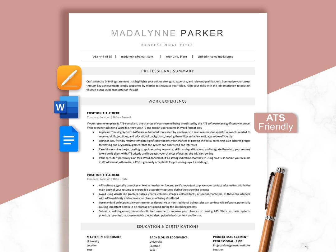 ATS Friendly Resume Template | Microsoft Word & Google Docs | CV ...