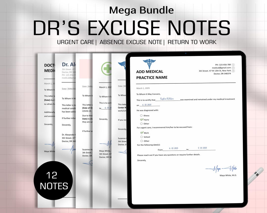 Doctor Excuse Note Bundle, Dr Excuse Note With Signature, Return to ...