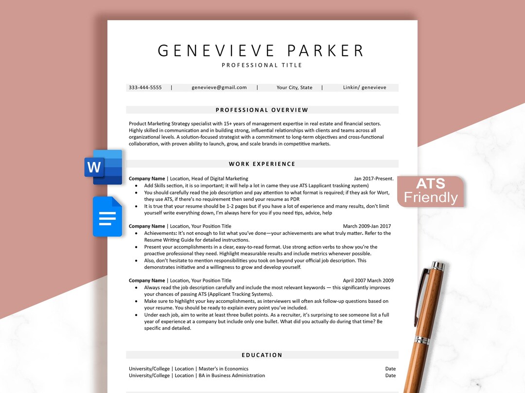 Professional ATS Resume Template, ATS Friendly Resume Word, Pages ...