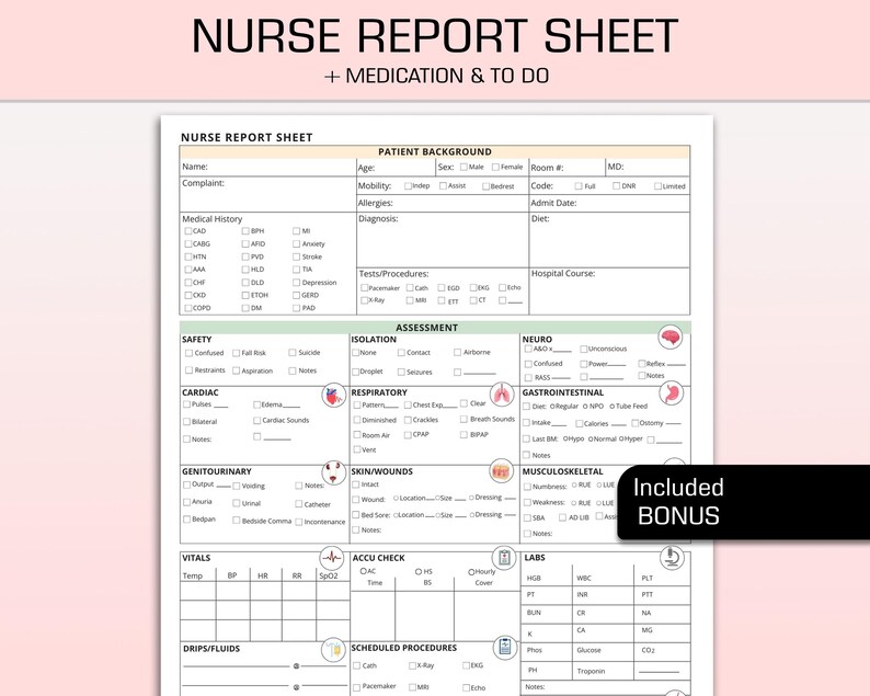 ICU Nurse Report Sheet Med Surg, Nursing Report Sheet Nurse Brain New ...