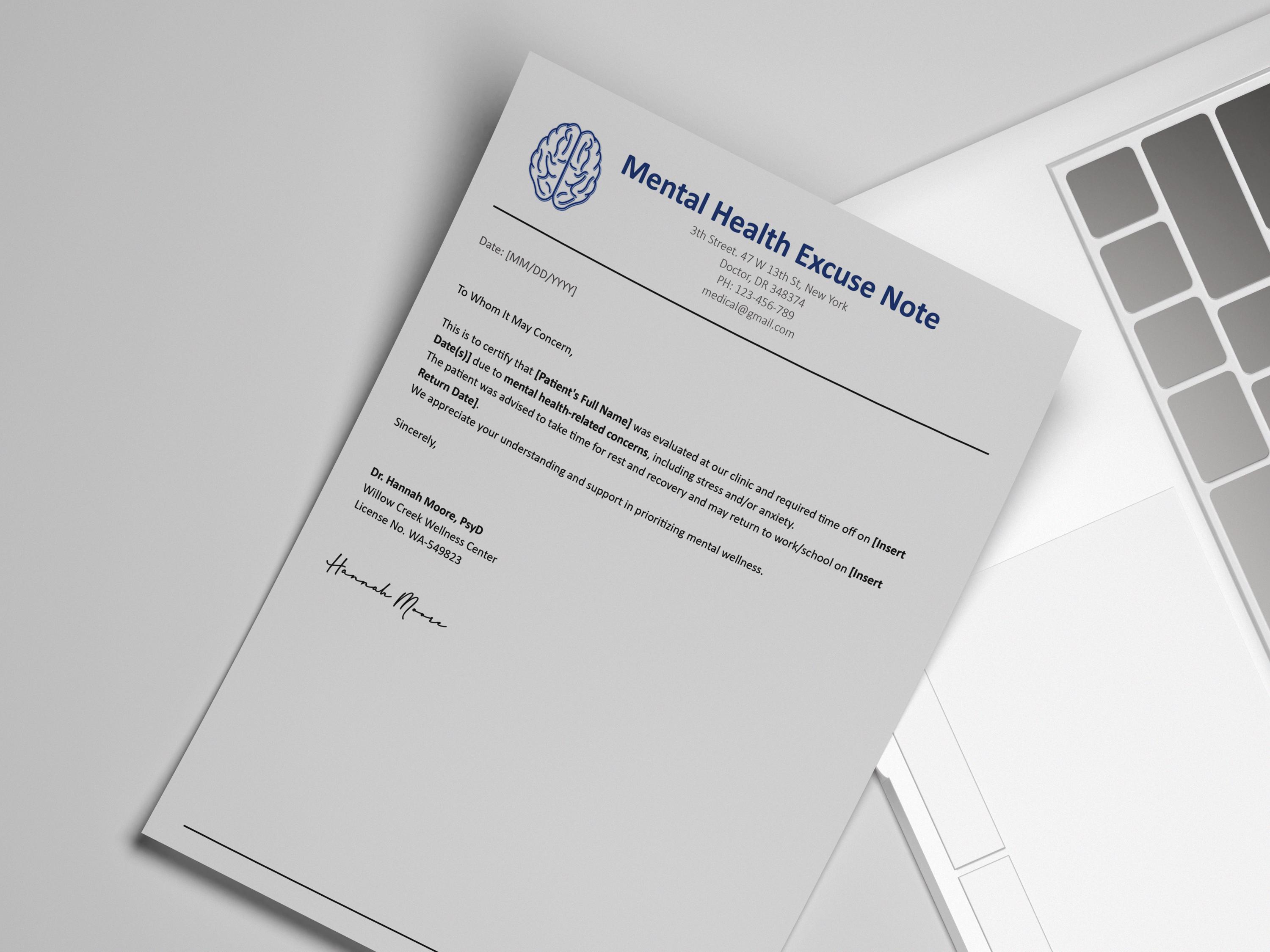 Editable Mental Health Excuse Note for Work & School, Doctor Excuse ...