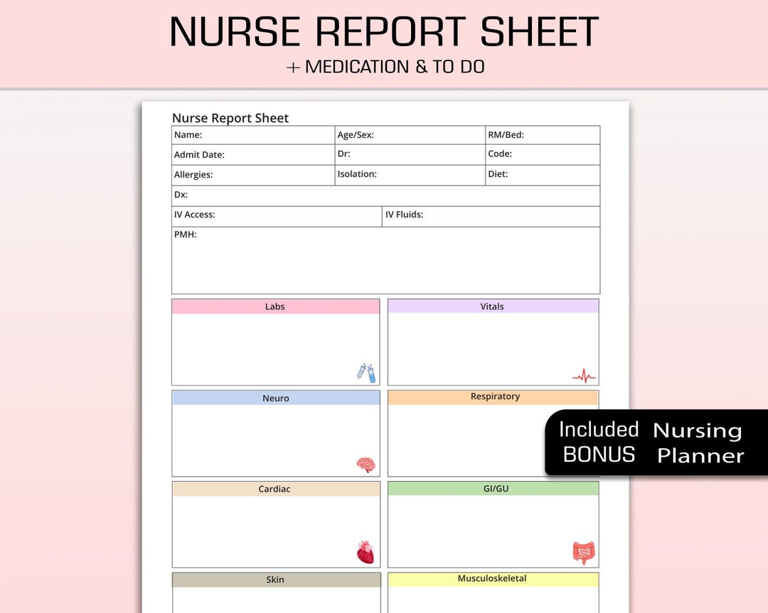 Nurse Report Sheet | Printable, Digital | Nurse Brain Sheet| Single ...