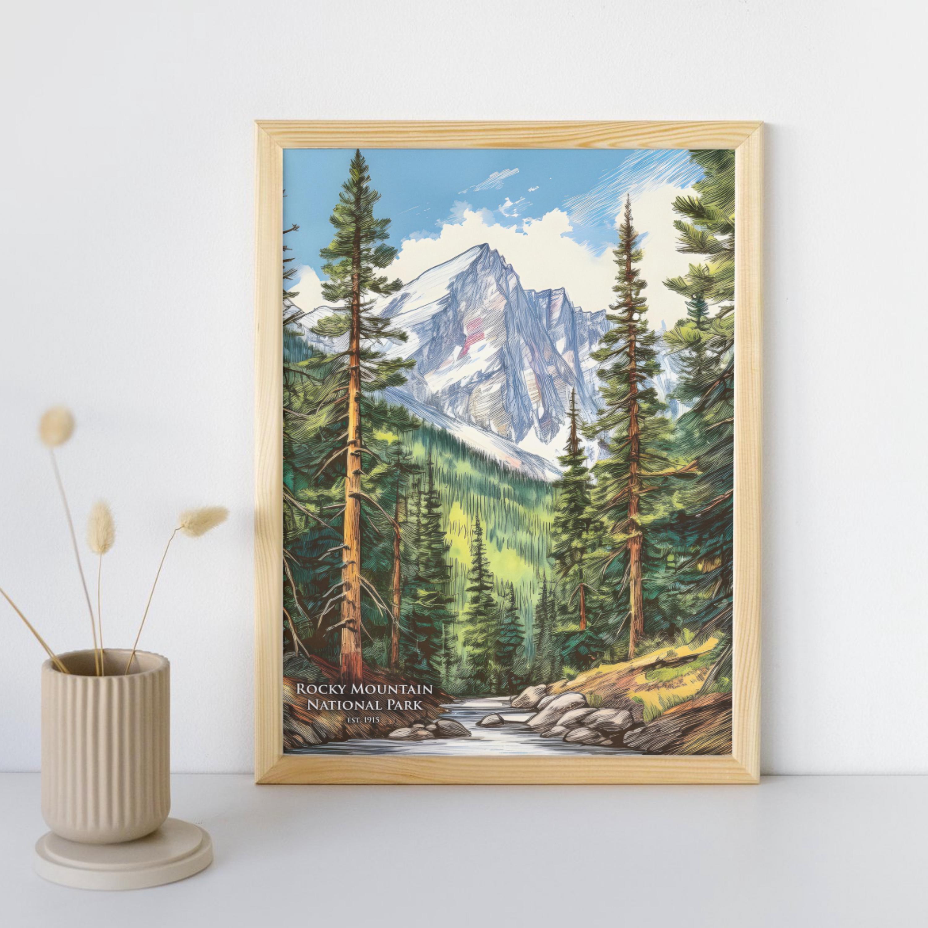 Rocky Mountain National Park Poster, Pencil Drawing, Colorado National ...