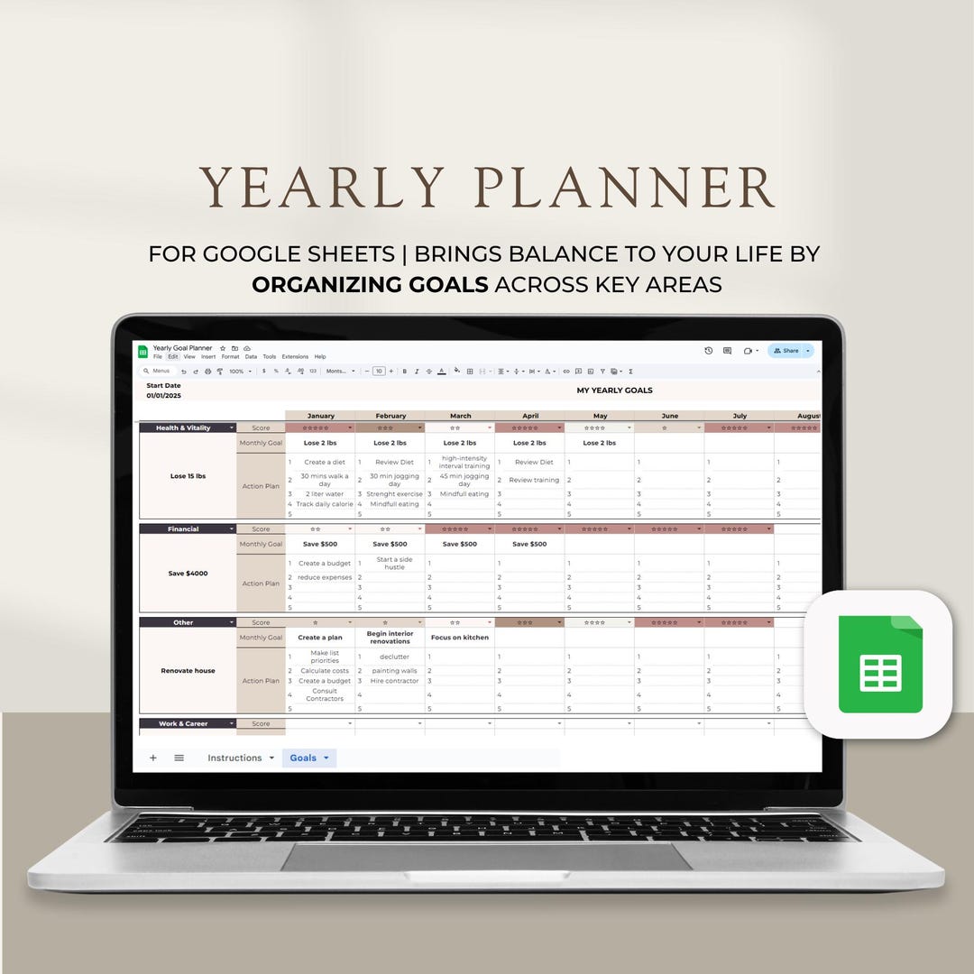 Yearly Goal Planner: Google Sheets Template (digital Download) - Etsy
