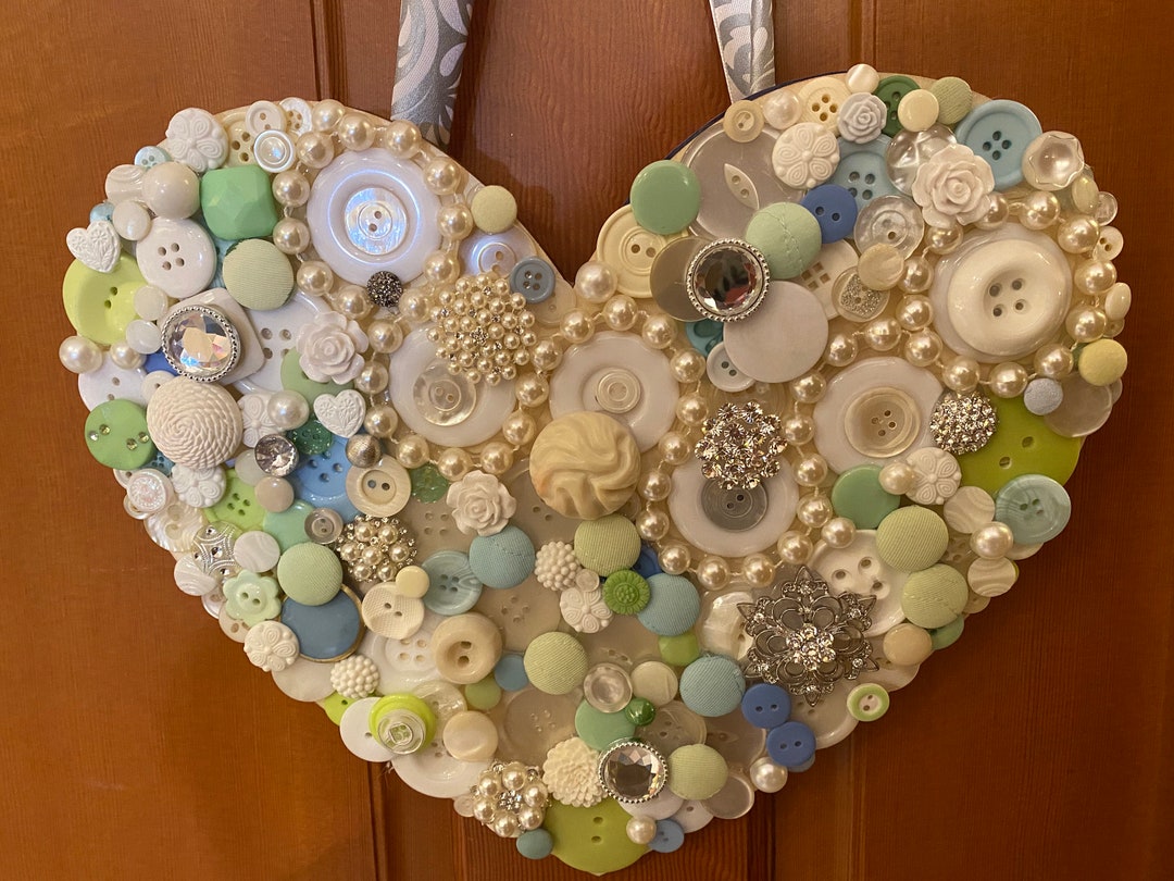 White, Blue and Green Button HEART ~ Bohemian Art ~ Girl Bedroom Decor ...