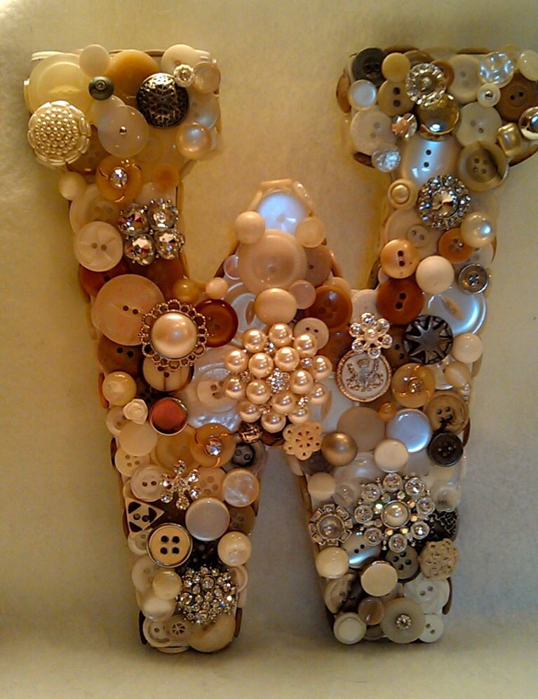 CUSTOM 9 inch Button Initial White Ivory and Taupe W | Etsy