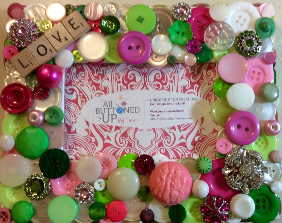 LOVE ~ Button Frame in White Pink and Green ~ Gift for Her ~ 4x6 Photo ...