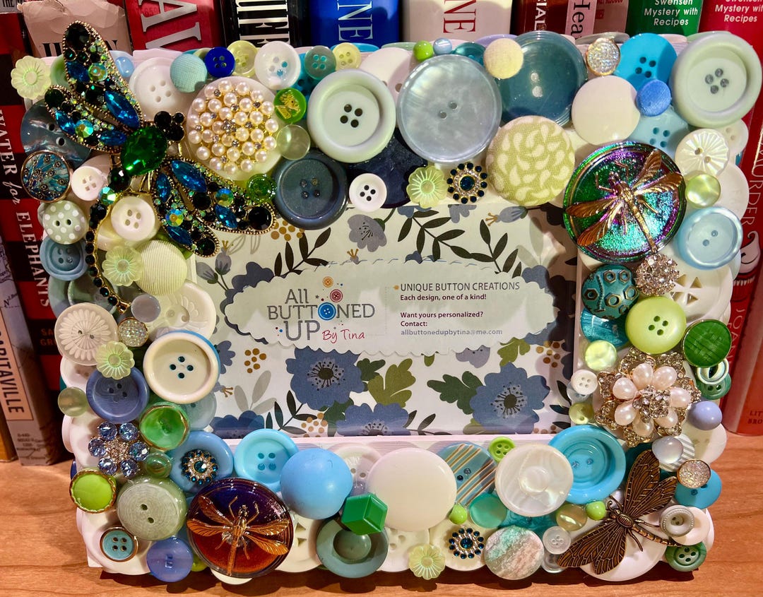 DRAGONFLY Button Picture Frame in White and Shades of Blue and Green ...