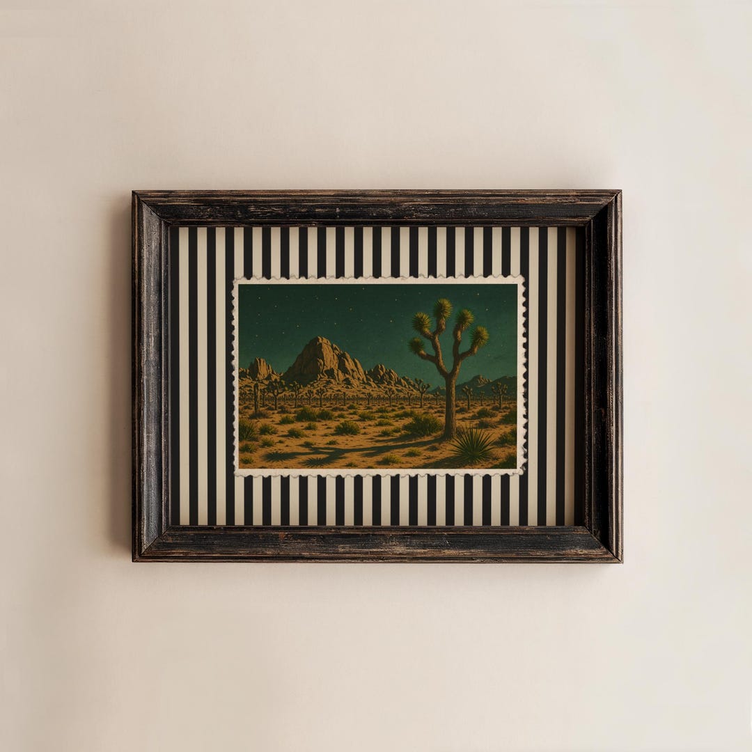 Vintage Desert Night Art Print, Eclectic Wall Decor, Bold Striped Mid ...