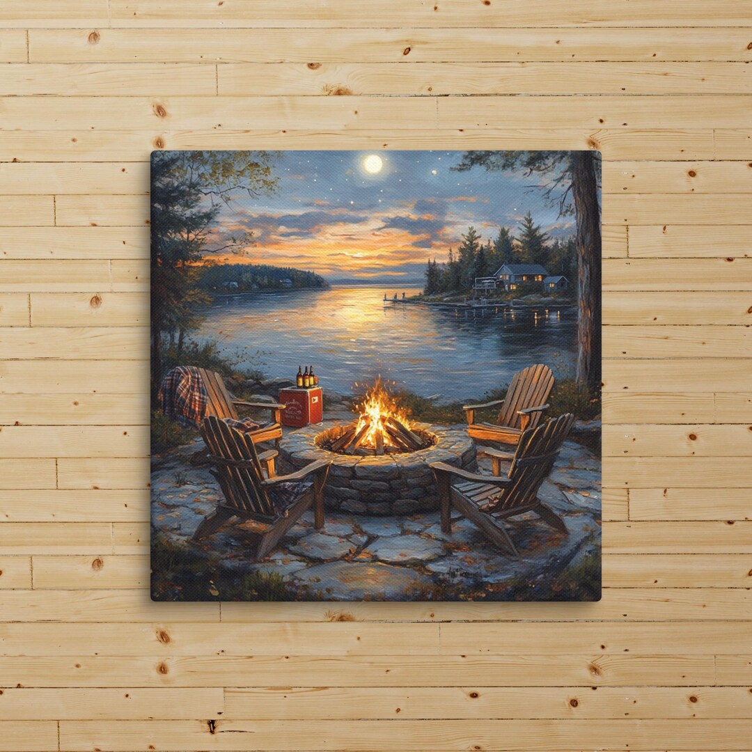Tiny Sunset Lakehouse Campfire Canvas Print - Lakehouse Decor, Lake ...