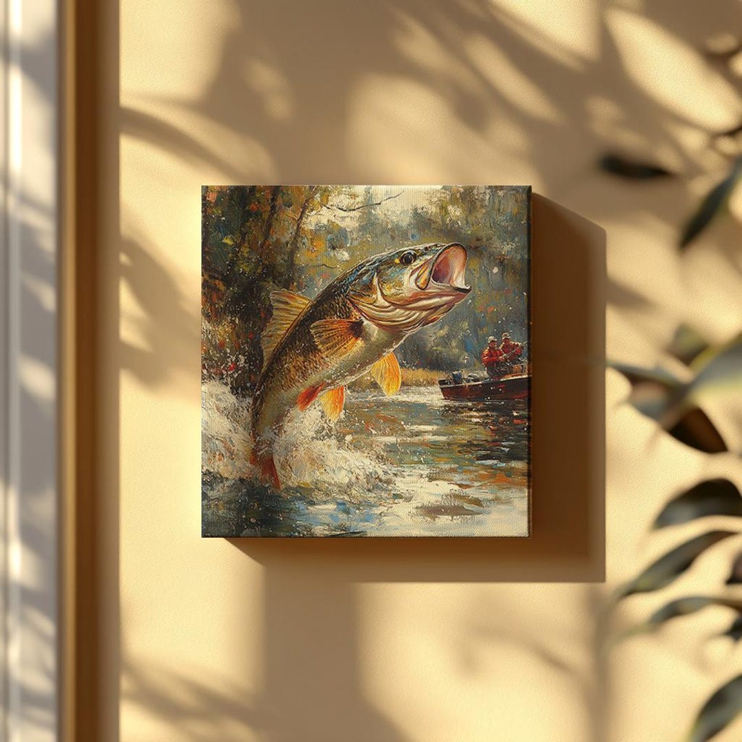 Bass Fishing Lake Artwork Fishing Big Painting Canvas Print Decor ...