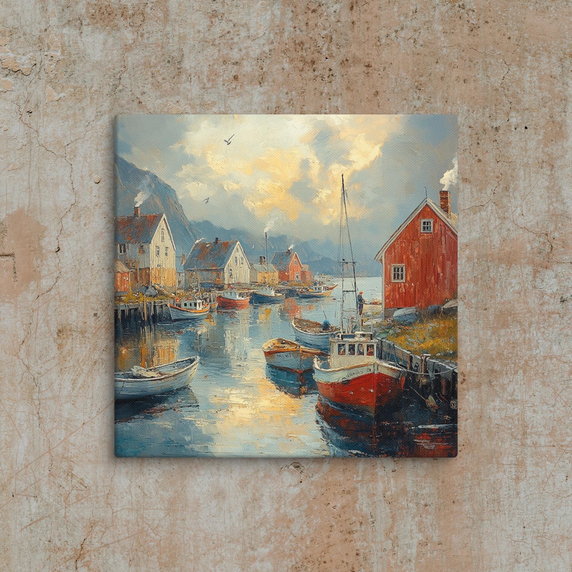 Tiny Lakehouse Canvas Decor Print - Fishing Boat Art, Nautical Art, Oil ...