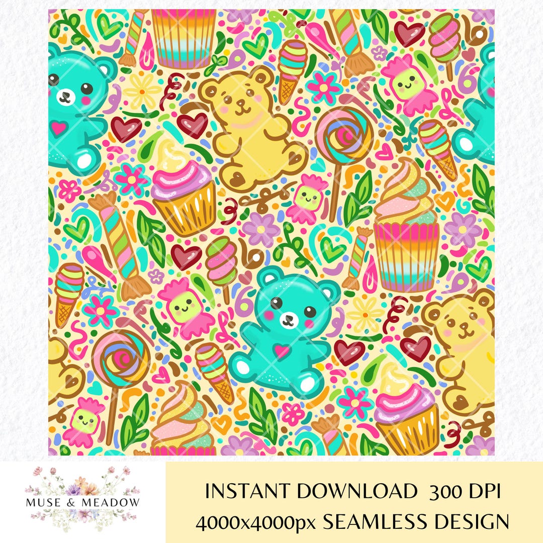 Sugar Rush Bright Candy Seamless Pattern Hand Drawn Playful Cupcakes ...