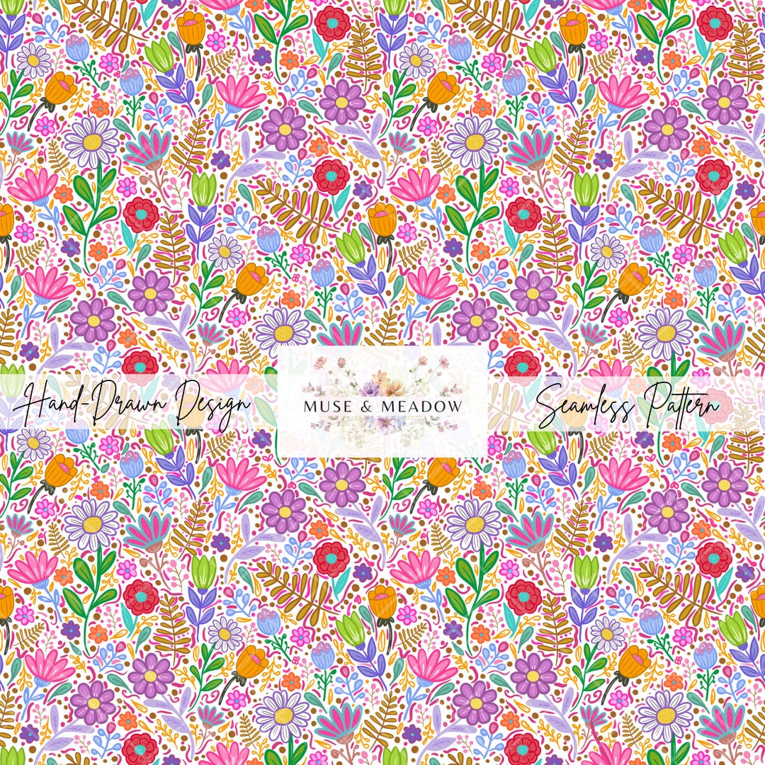 Whimsical Bright Floral Seamless Pattern Hand Drawn Playful Spring ...