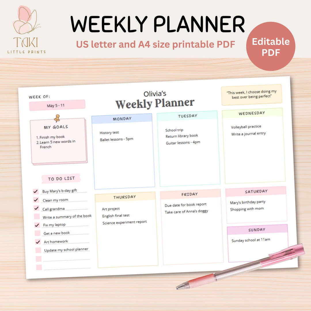Editable Weekly Schedule for Kids Weekly Planner Prints Weekly Plan ...