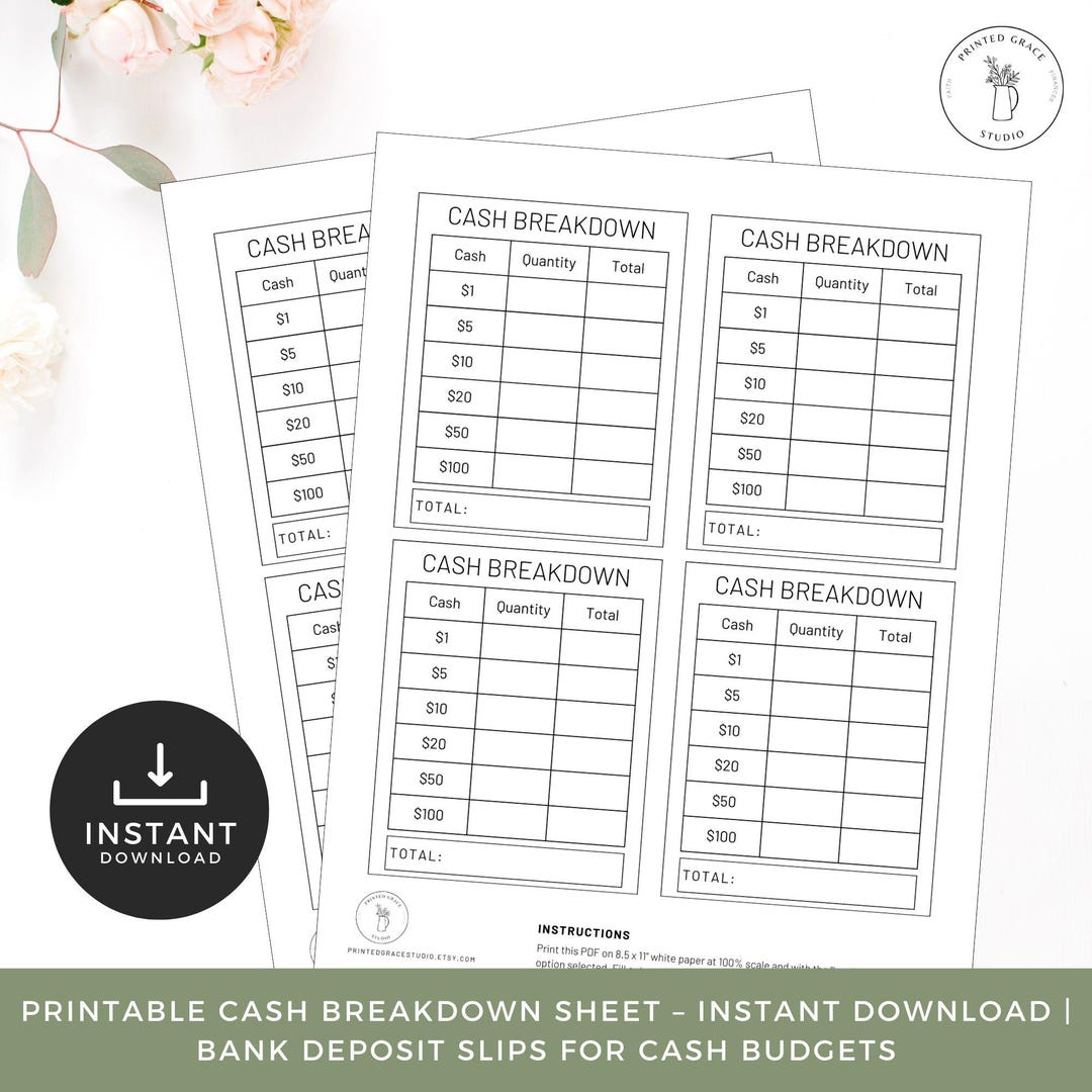 Printable Cash Breakdown Sheet – Instant Download | Bank Deposit Slip ...