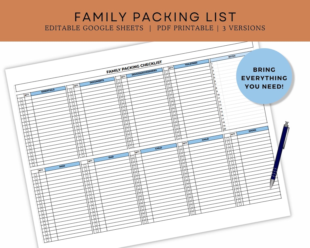 Editable Travel Packing List, Travel Checklist Printable for Family ...
