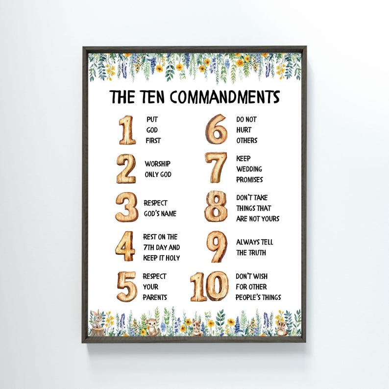 10 Commandments, Girl Boho Floral Wall Art, Kids Bible Verse Art, Kids ...