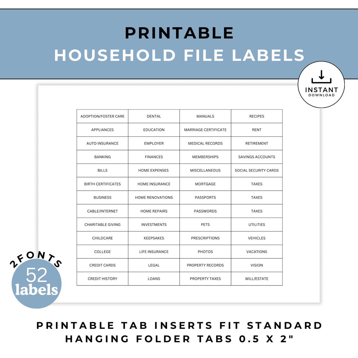 Printable Document Box Tab Labels, Folder Tab Labels for Document ...