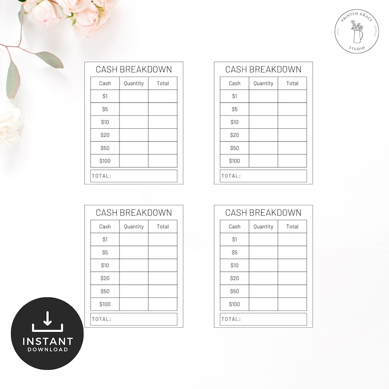 Printable Cash Breakdown Sheet – Instant Download | Bank Deposit Slip ...
