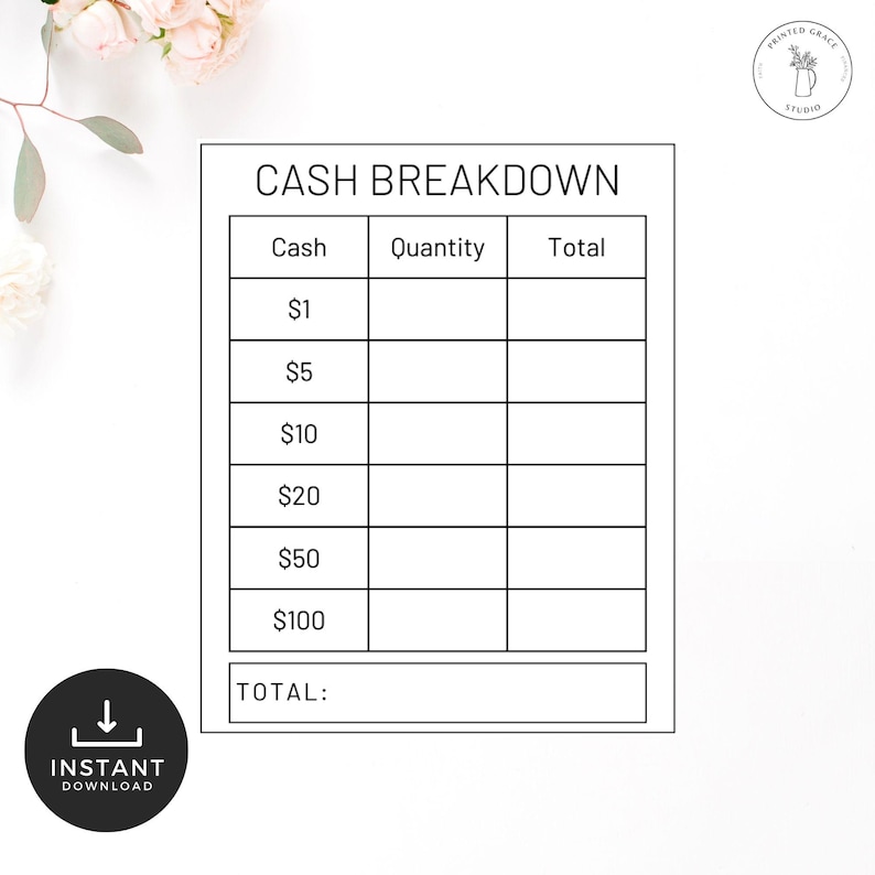 Printable Cash Breakdown Sheet – Instant Download | Bank Deposit Slip ...