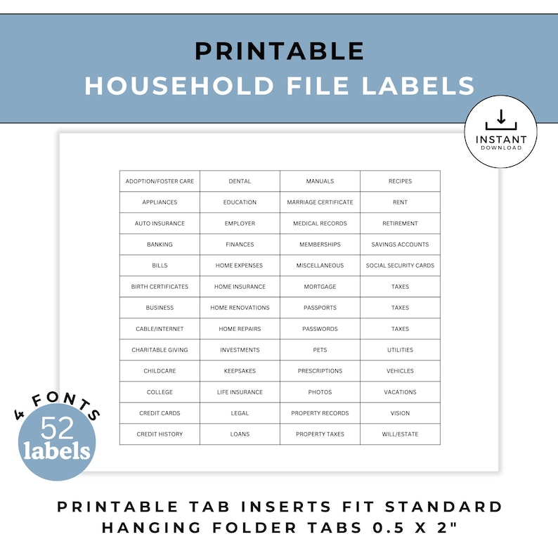 Document Box Tabs for Household Labels, File Box Tab Labels for ...