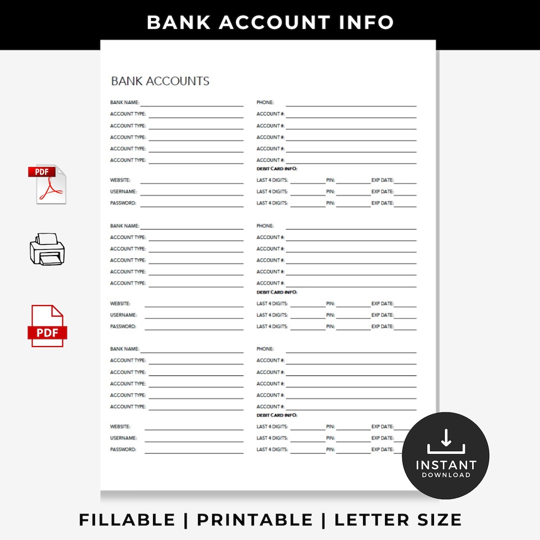 Bank Account Information Tracker Printable, Bank Account Log, Bank ...