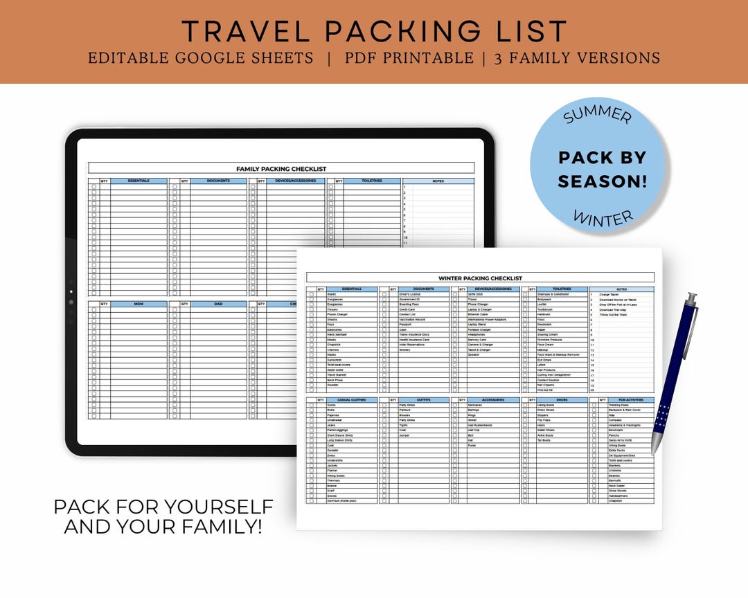 Editable Travel Packing List, Travel Checklist Printable for Summer ...