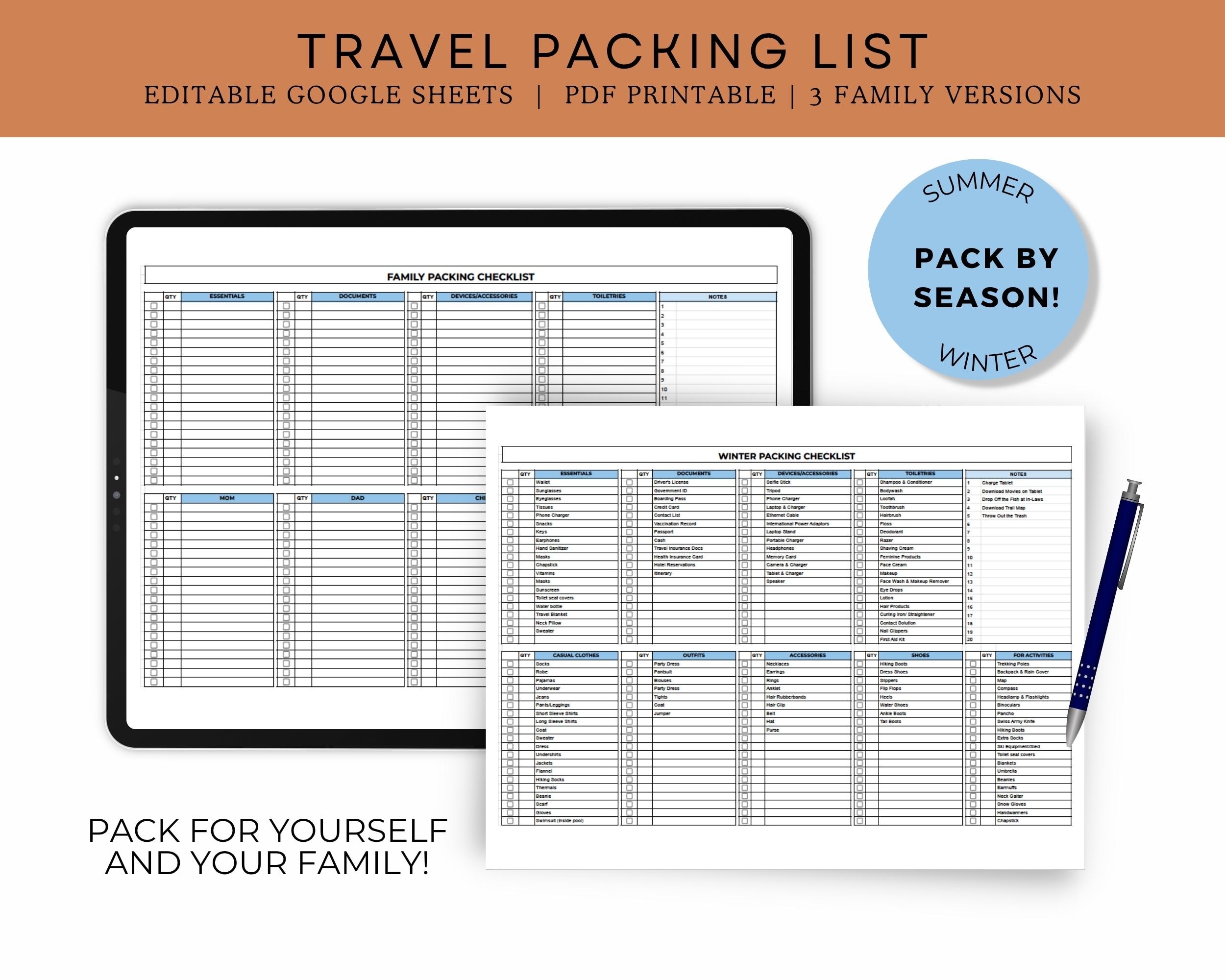 Editable Travel Packing List, Travel Checklist Printable for Family ...