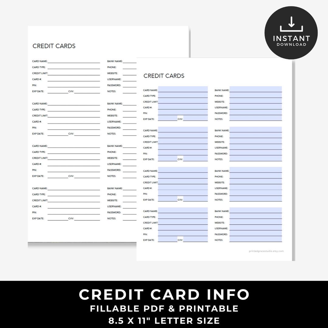 Printable Credit Card Information Tracker - Credit Card List, Card ...