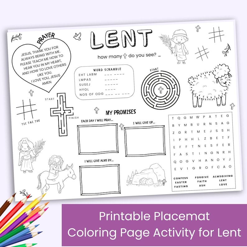 Lent Activity Mat for Kids and Church. Printable Coloring Placemat With ...