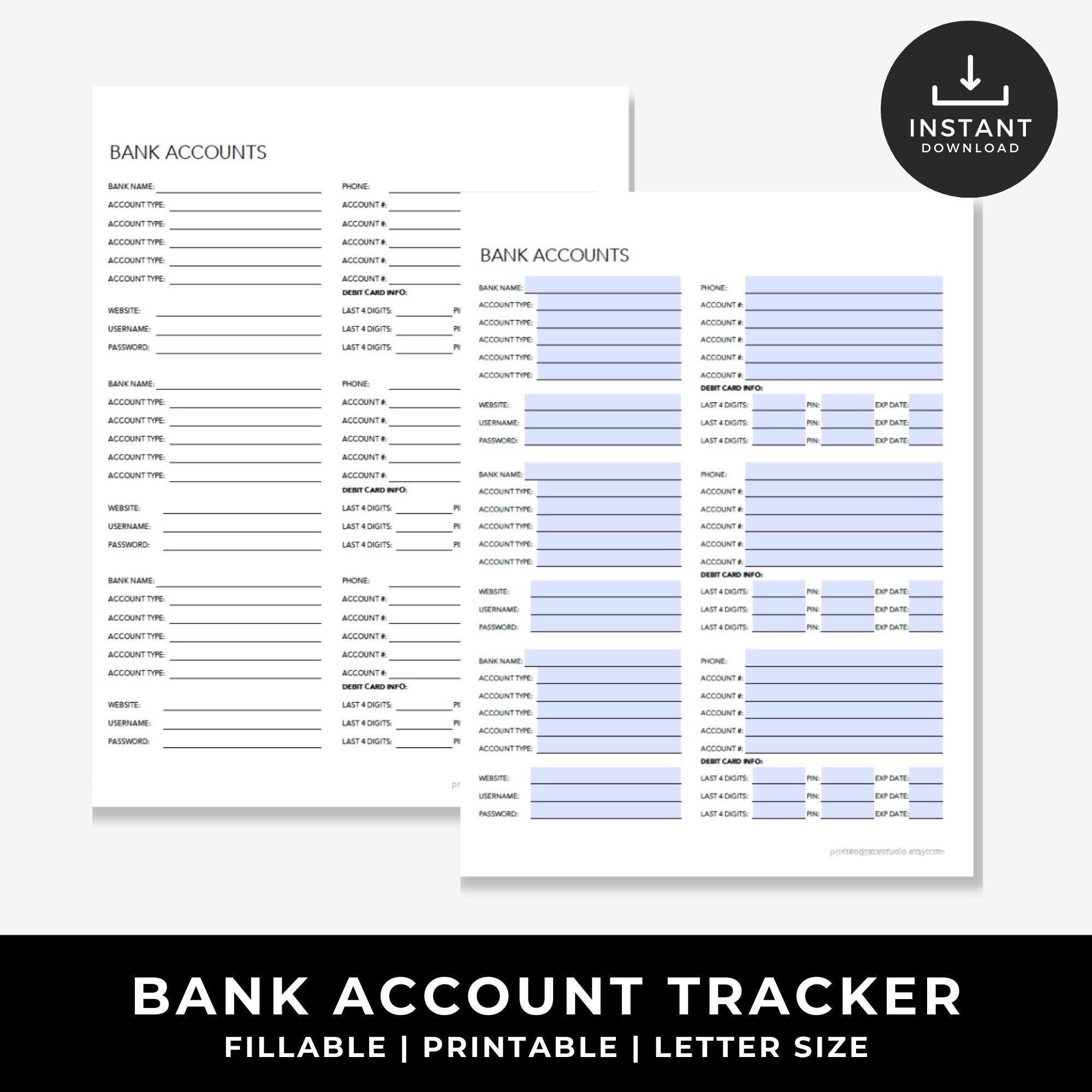 Bank Account Information Tracker Printable, Bank Account Log, Bank ...