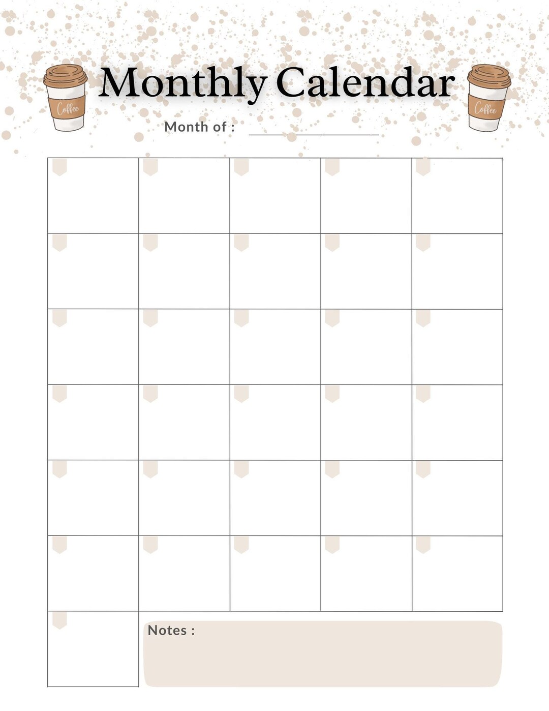 Printable Monthly Calendar Page | Coffee Themed Monthly Planner ...