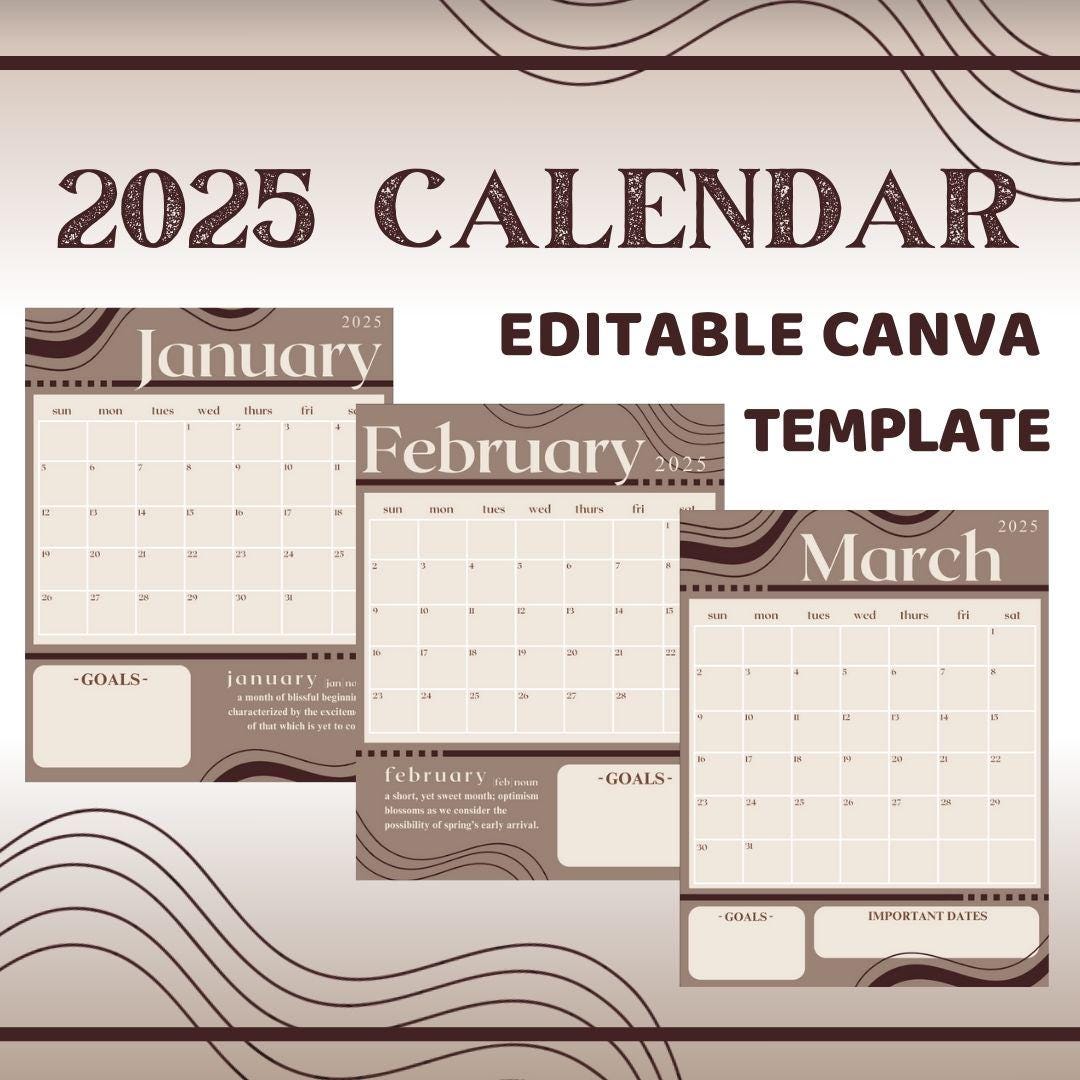 Earthy Boho Aesthetic Customizable 2025 Monthly Calendar Canva Template ...