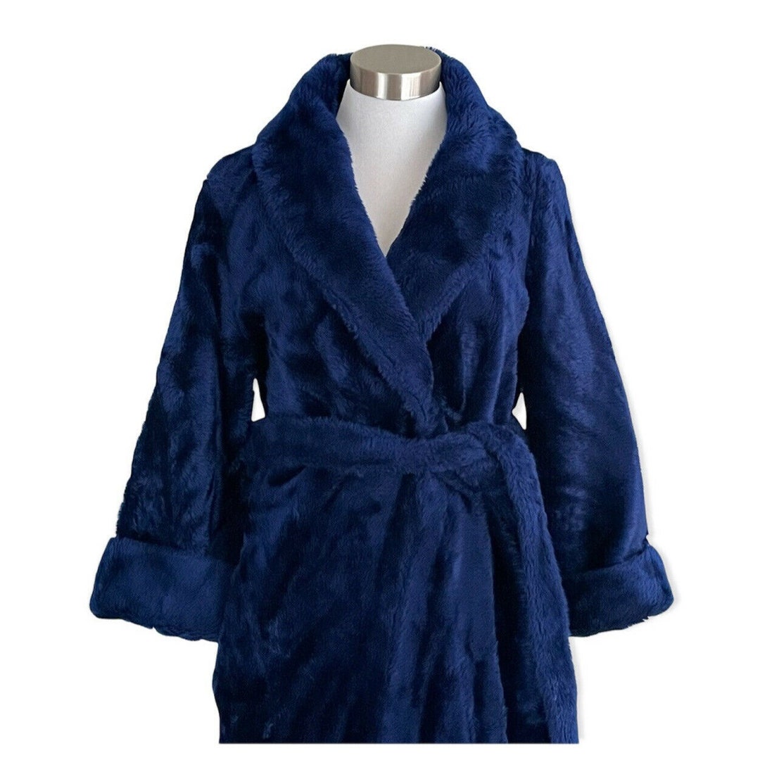 Vintage Navy Blue Faux Fur Robe / Fuzzy Plush Belted Cuffed Full Length ...