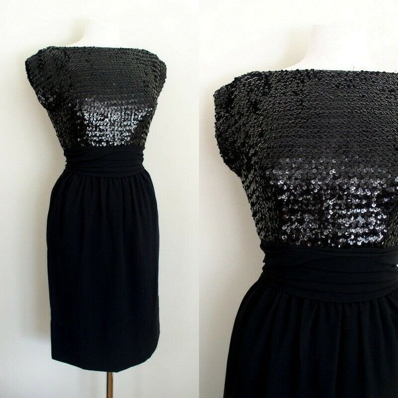 Vintage 1950s Suzy Perette Womens Wiggle Dress Black Sequin Lbd