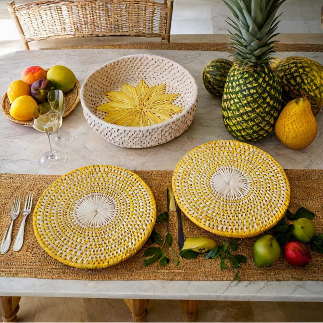 Set of Handwoven Basket With 4 Matching Placemats, Natural Fibre Basket ...