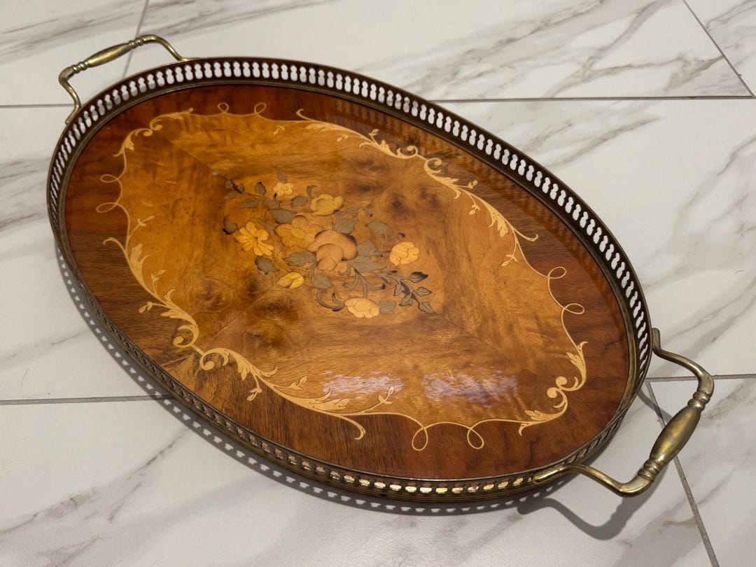Vintage Italian Wood Marquetry Inlay Serving Tray Platter, Mid Century ...
