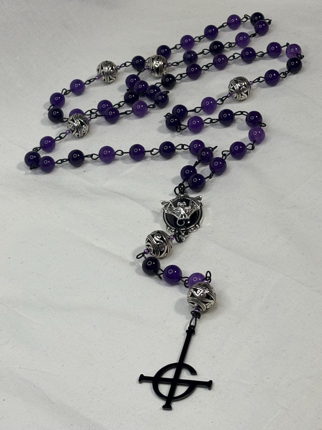 Ghost Band Rosary - Natural Stone Amethyst/thurible-like Beads/bat ...