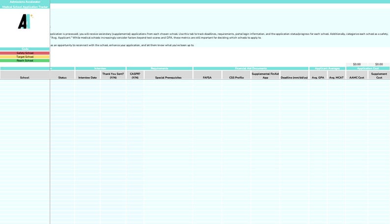 Medical School Application Tracker Spreadsheet for Excel, Google Docs ...