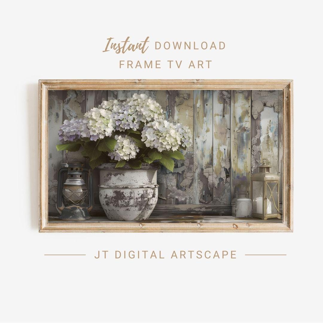Farmhouse Hydrangea Flower Pot Frame TV Art Oil Paint Vintage Artwork ...