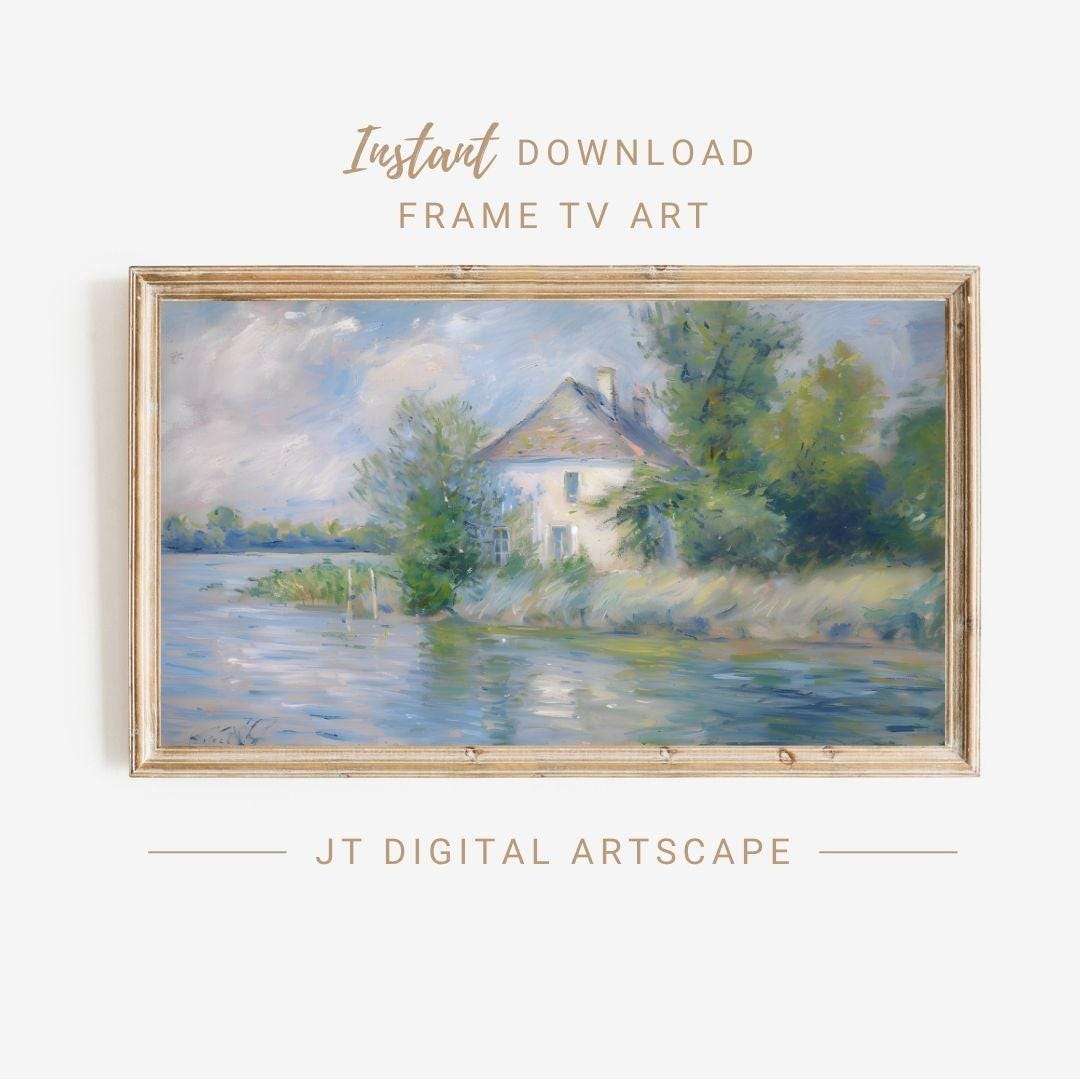 Rustic Farmhouse Lake View Frame TV Art Oil Paint Vintage Artwork Decor ...