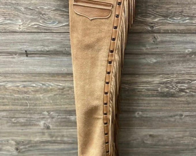 Vintage Suede Leather WESTERN CHAPS-- Beige 4" Fringe Heel Drops ...