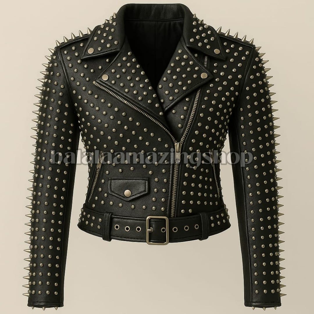 Women’s Spiked Studded Leather Jacket – Punk Rock Biker Moto Jacket ...