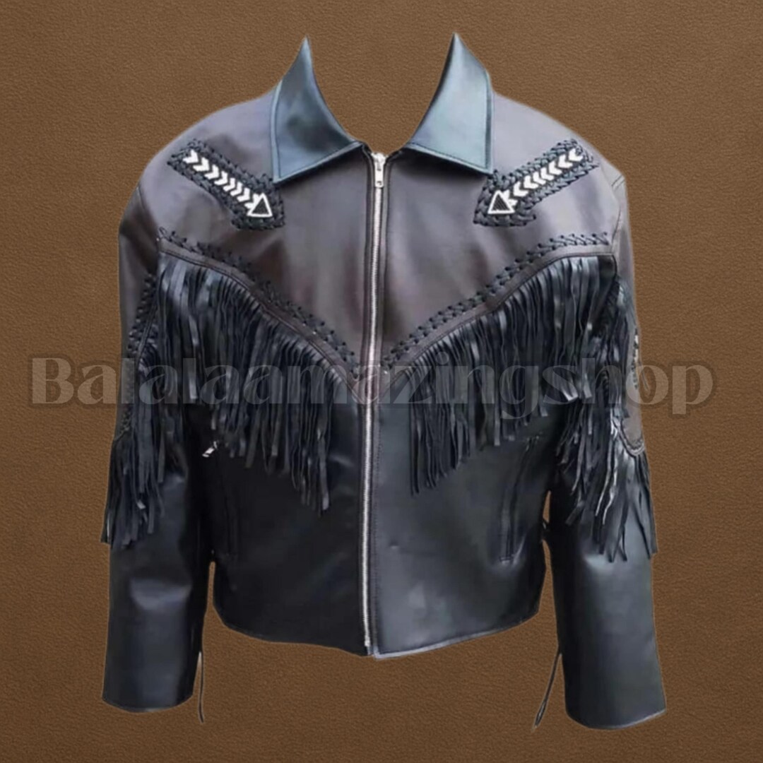 Men's Black Leather Fringe Cowboy Jacket: Handmade Western Biker Coat ...