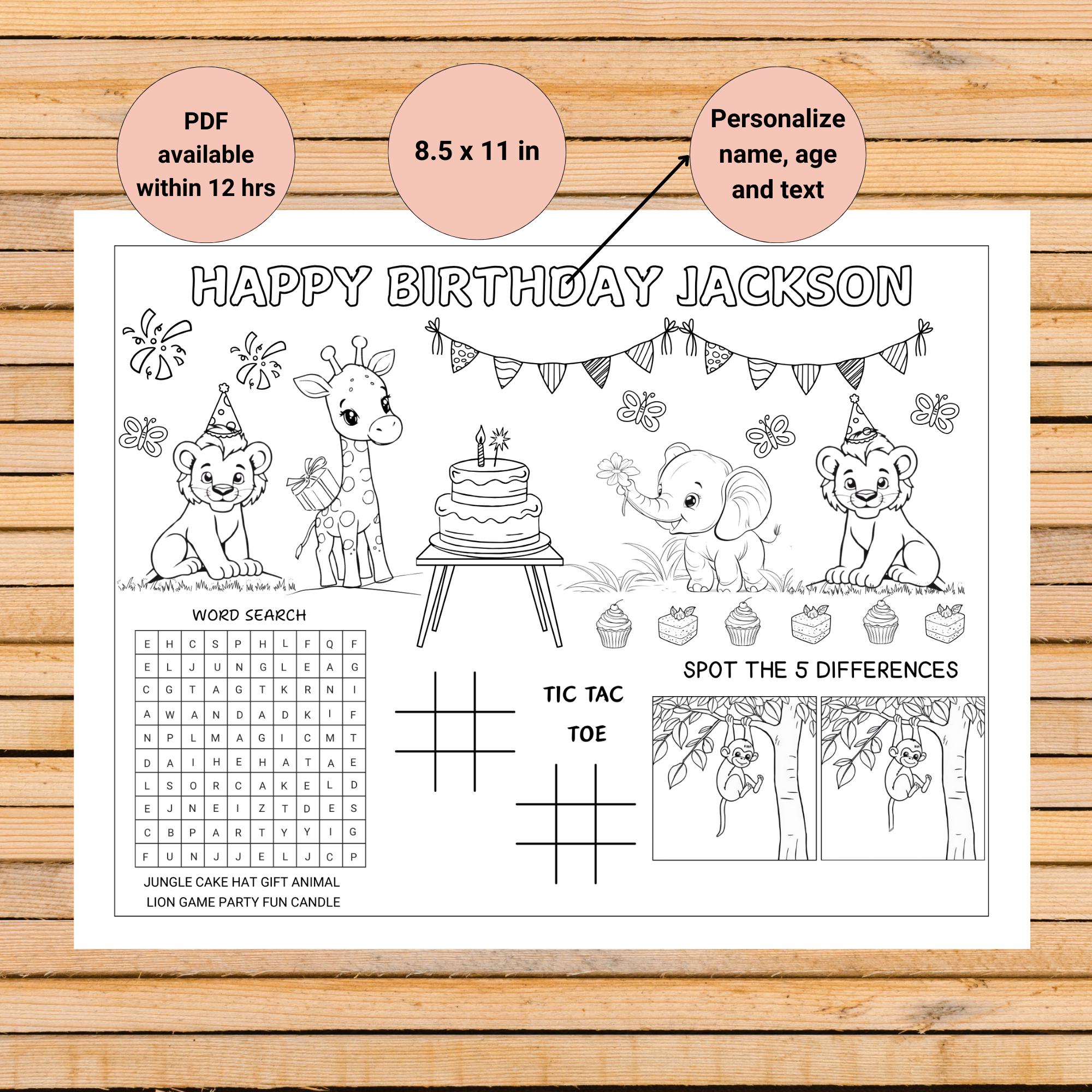 Safari Animals Birthday Coloring Placemat:personalized Birthday Party ...