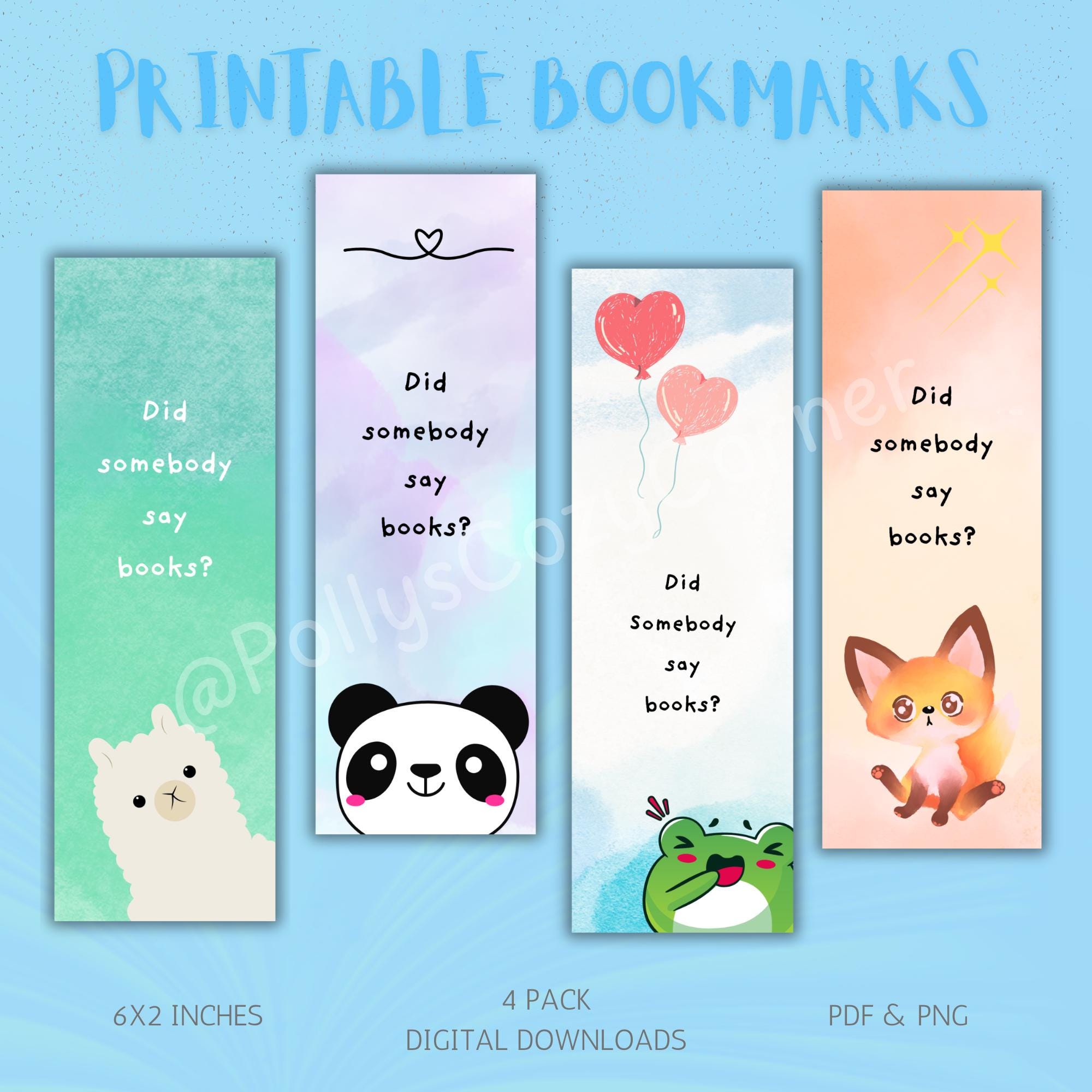 Animal Printable Bookmarks, Cute Animals, Bookworm Gifts, PDF PNG Files ...