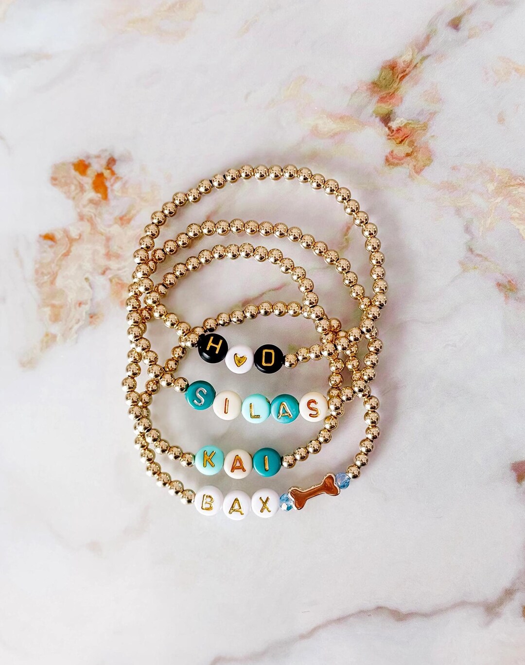 CUSTOM NAME Gold Beaded Bracelets | Stackable Bracelets | Personalized ...